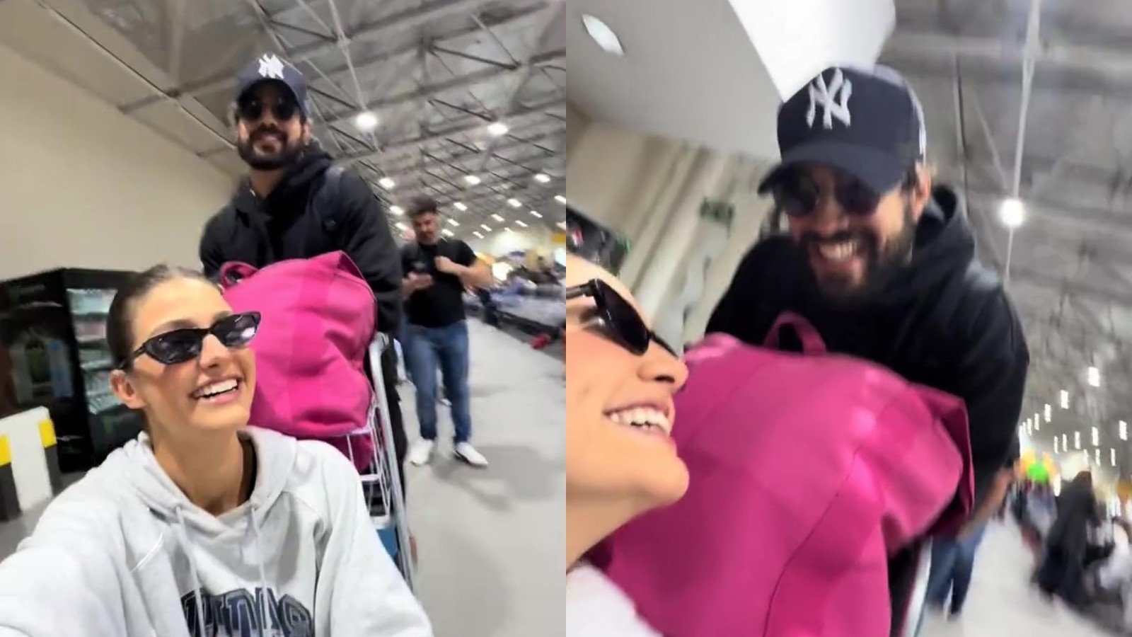 Vitoria Bohn mostra Caio Castro a carregando em carrinho de aeroporto e ...