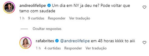 Rafa Brites posa em NY e Felipe Andreoli diz: 'Pode voltar porque ...