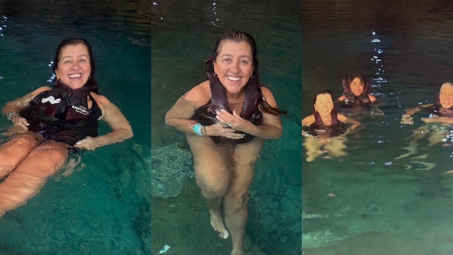 Regina Casé recupera registros de mergulho em gruta com visual paradisíaco no México