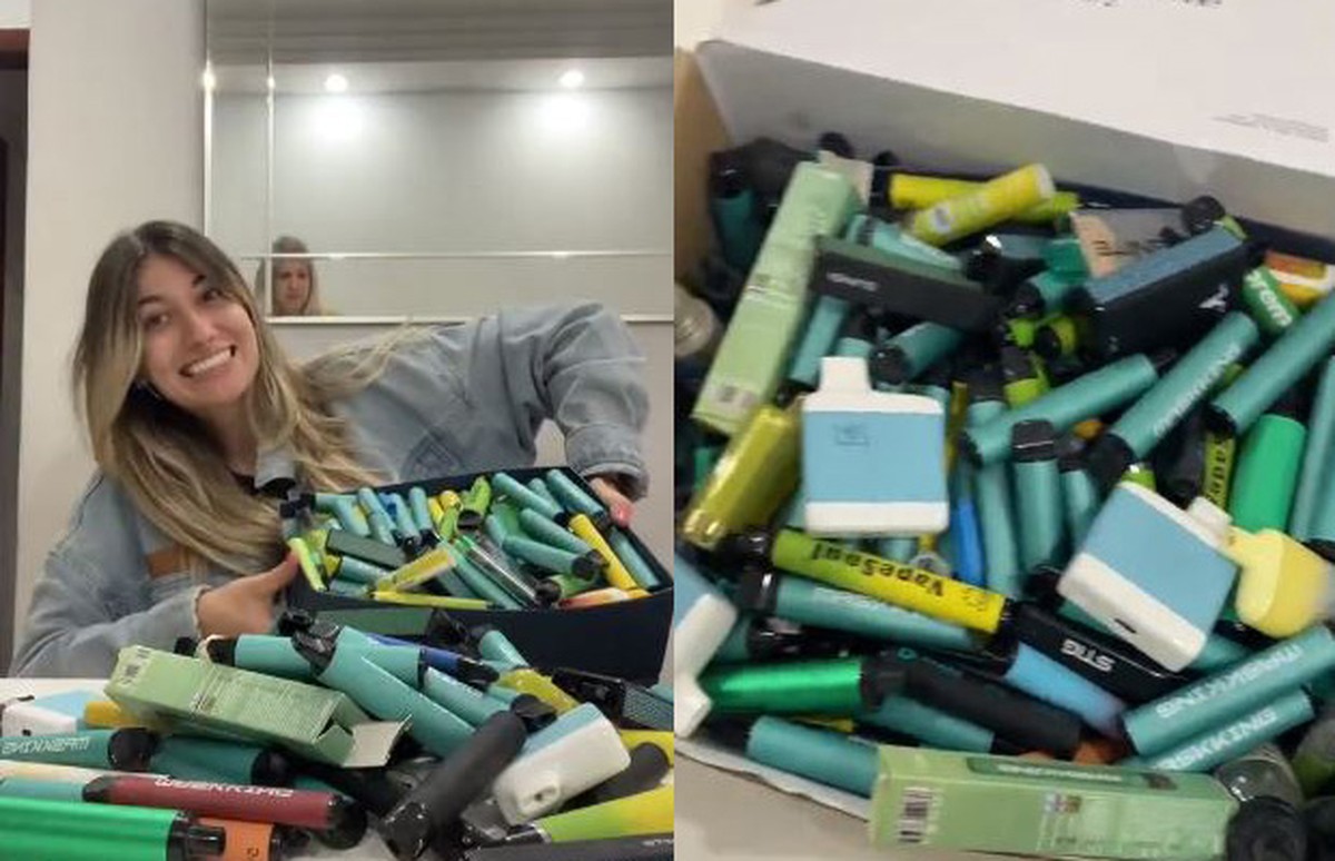 Jovem viraliza ao mostrar coleção com mais de 200 vapes do namorado
