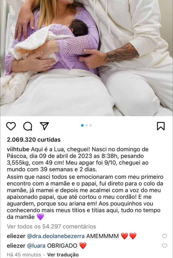 Aclamada: post do nascimento de Lua bate mais de 1,5 milhões de likes ...