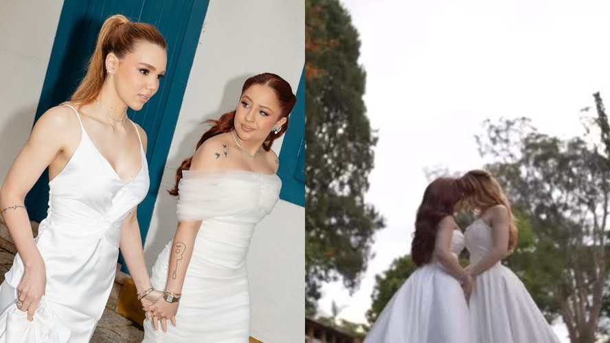 Mari Fernandez e Júlia Ribeiro se emocionam ao se encontrarem com vestidos de noiva pela ...