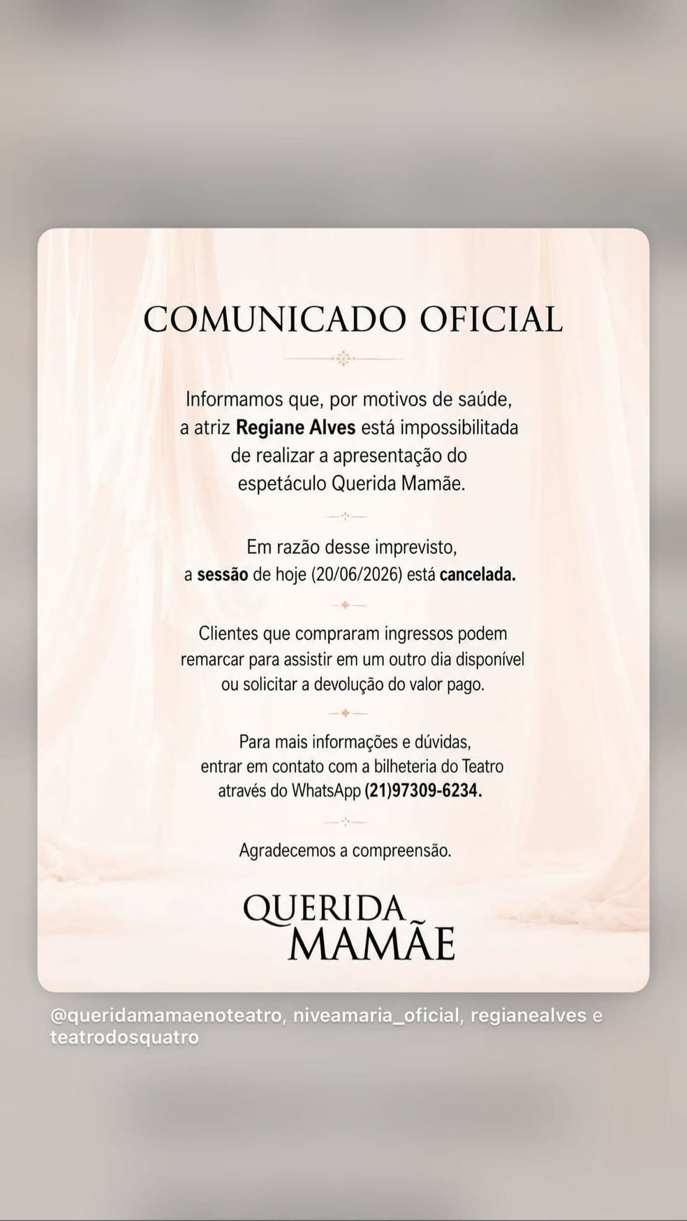 Regiane Alves cancela apresentações de peça após questões de saúde ...