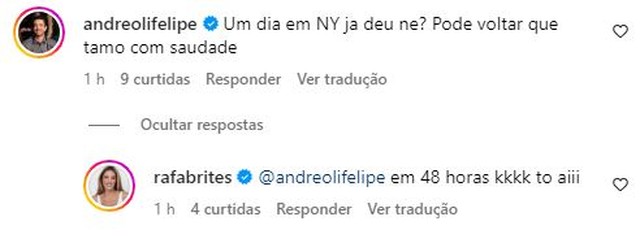 Rafa Brites posa em NY e Felipe Andreoli diz: 'Pode voltar porque ...