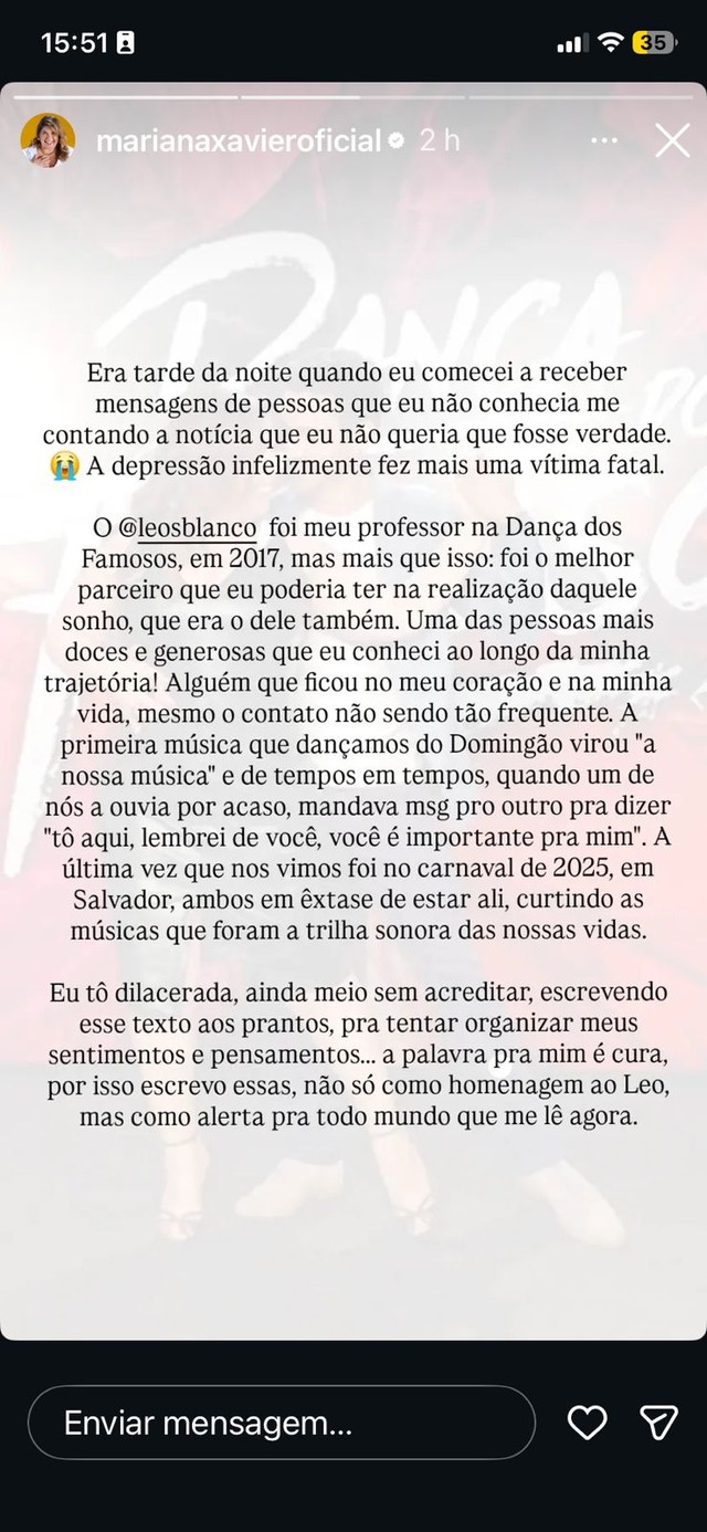 Mariana Xavier lamenta morte de seu professor na Dança dos Famosos