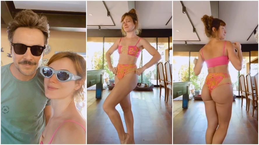 De biquíni colorido, Bianca Bin mostra momento descontraído com Sérgio Guizé
