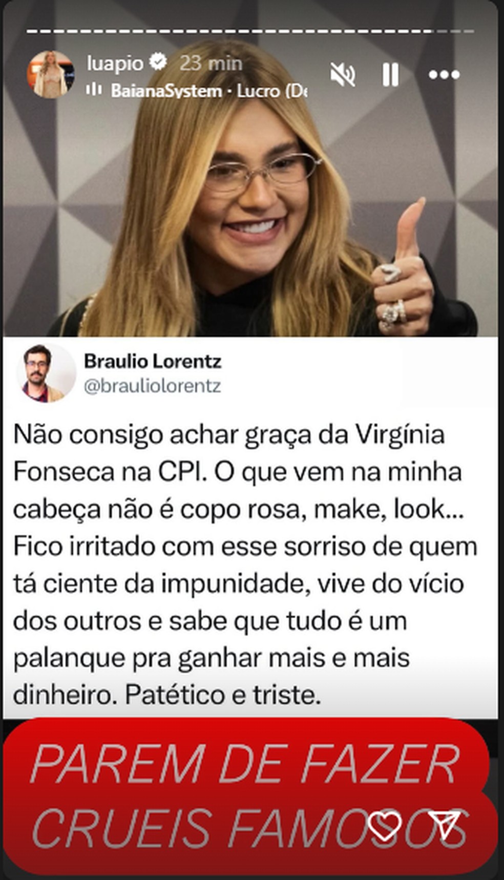 Luana Piovani sobre Virginia na CPI das bets: 'Que o karma da desgraça ...