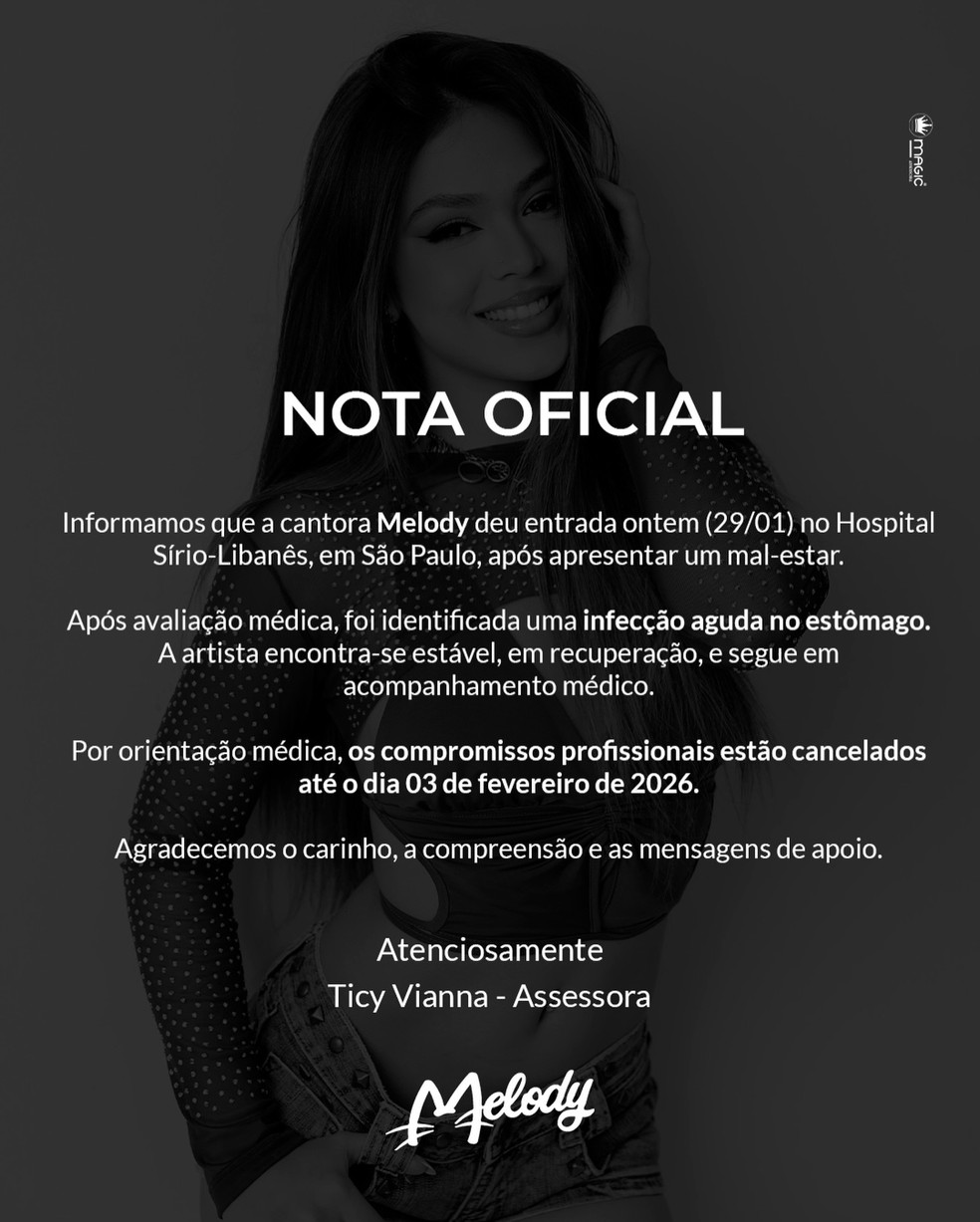 Melody cancela agenda de compromissos após diagnóstico de infecção ...