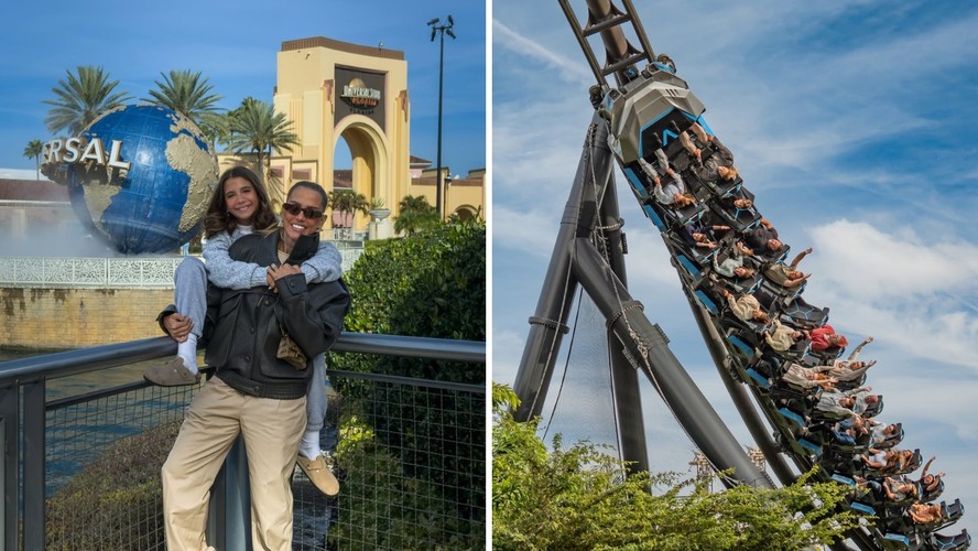 Deborah Secco e filha enfrentam montanha-russa radical na Universal