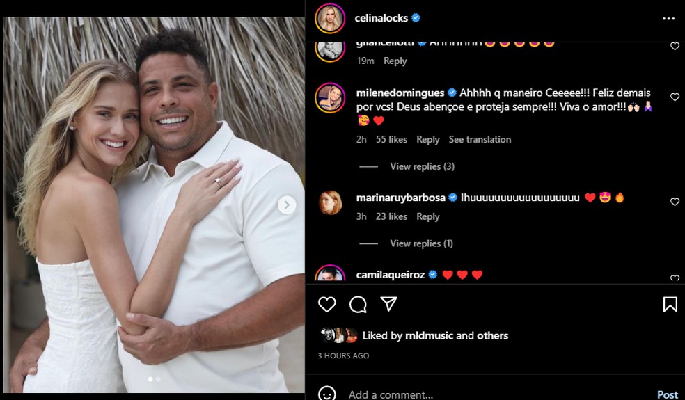 Milene Domingues vibra com o noivado do ex, Ronaldo: ‘Viva o amor’