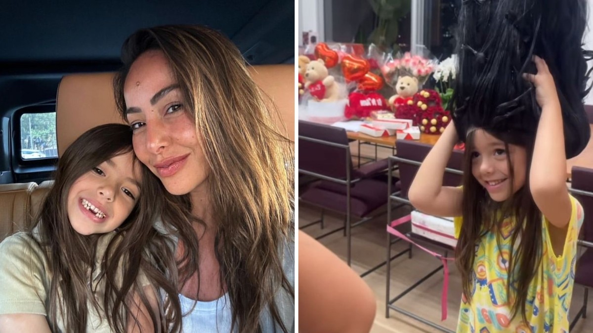 Sabrina Sato se diverte ao ver filha com sua peruca gigante