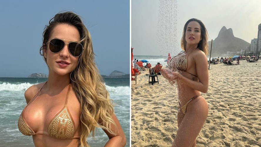 Gabi Martins vai à praia com biquíni bordado e se refresca tomando chuveirada: 'Curtindo'