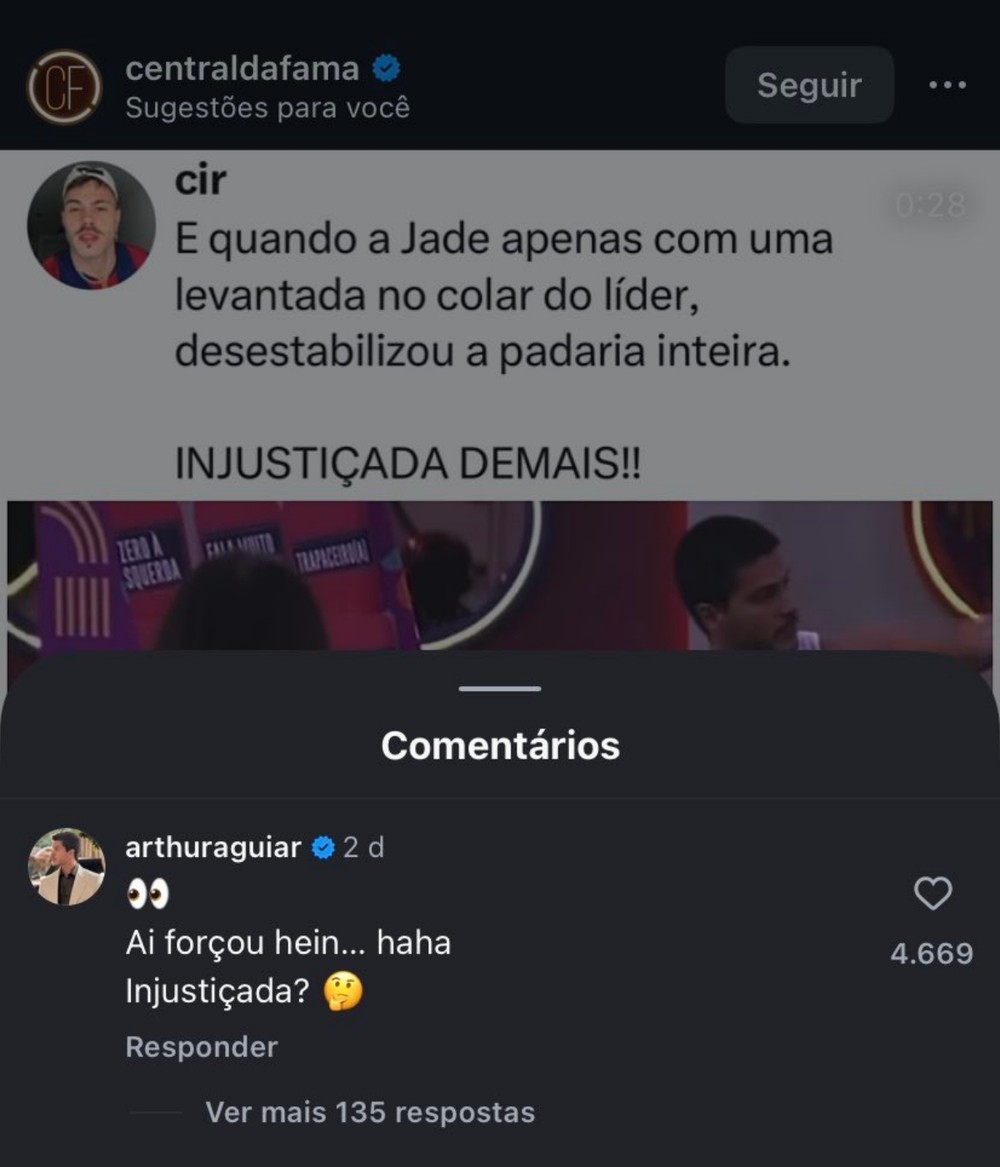 Comentário de Arthur Aguiar sobre Jade Picon 'BBB22' lembra rivalidade